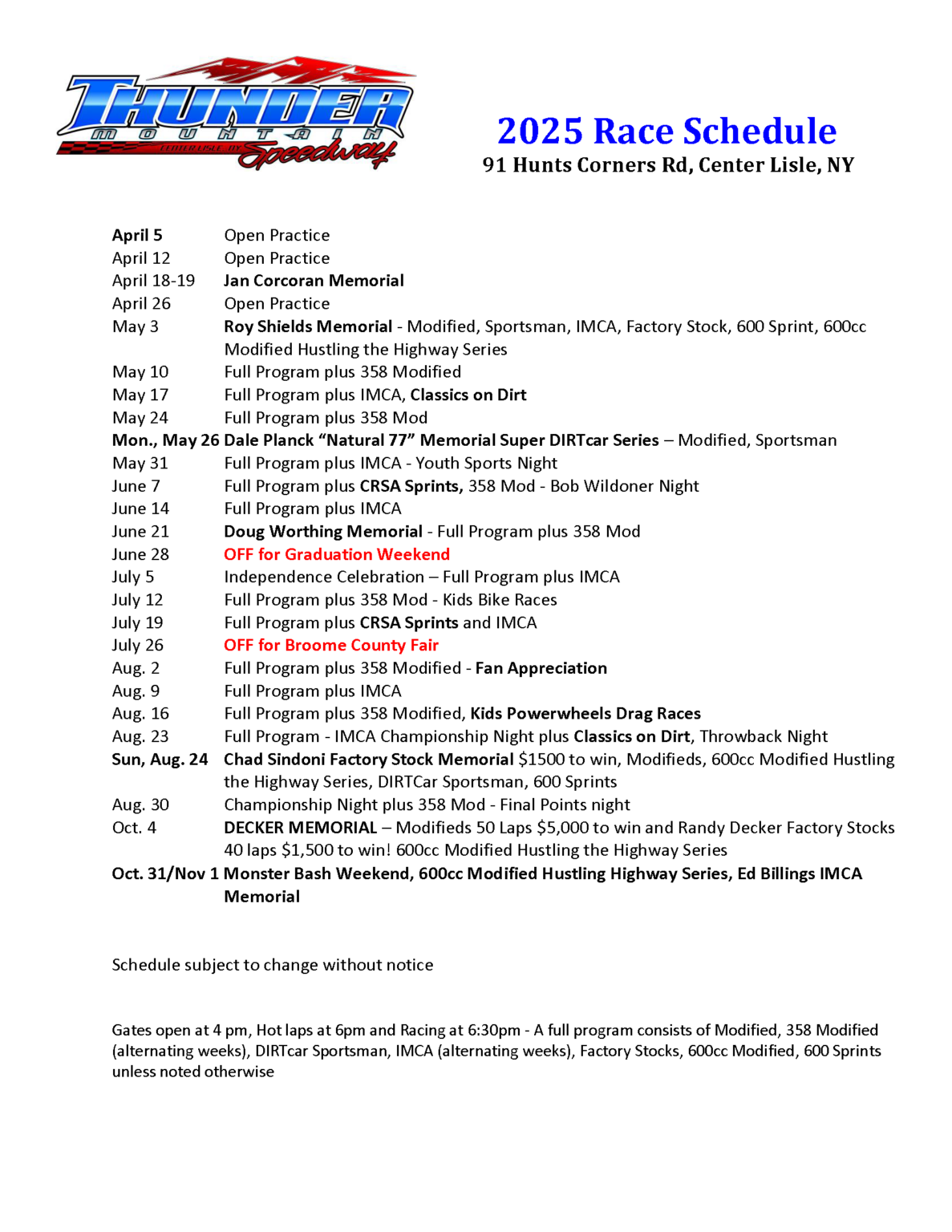 2025 SCHEDULE | Thunder Mountain Speedway