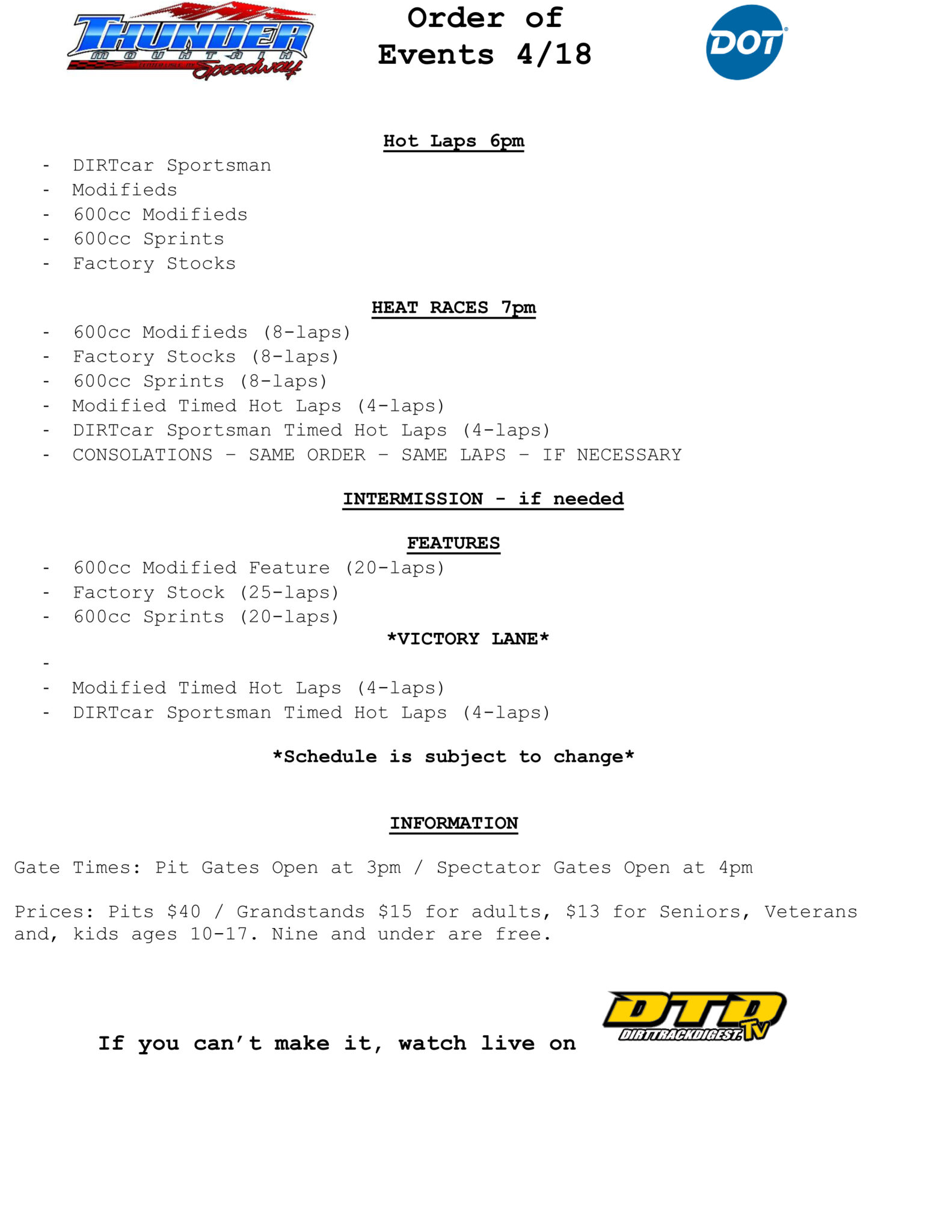 Jan Corcoran Memorial Order of Events, Times and Prices | Thunder ...