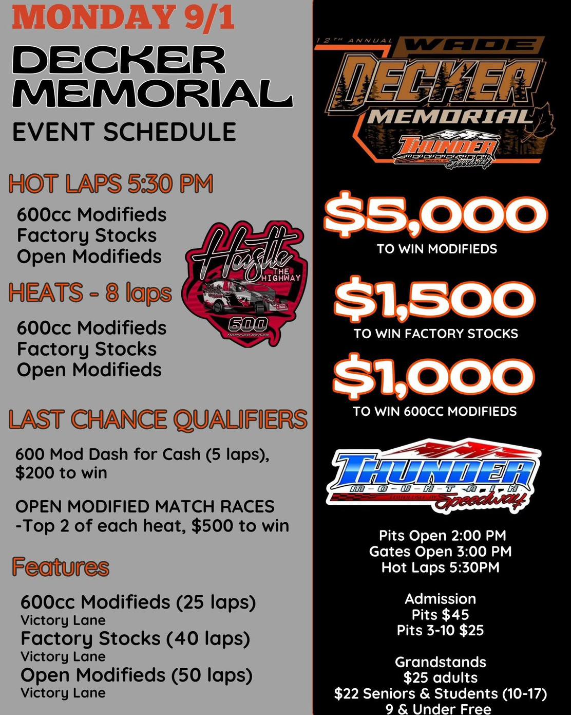 DECKER MEMORIAL ORDER OF EVENTS | Thunder Mountain Speedway